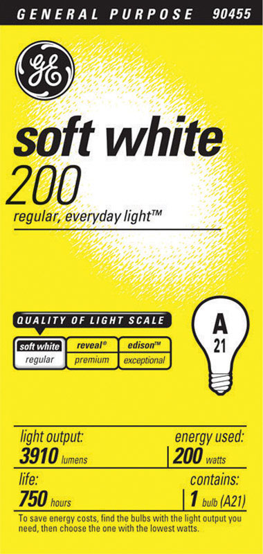 GE Incandescent Light Bulb 200 watts 3910 lumens 2900 K A-Line A21 ...